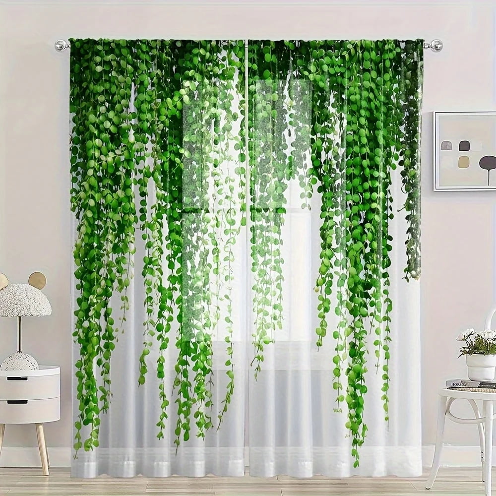 2pcs Plant Green Forest Greenery Vine Pattern Chiffon Sheer Curtains ...
