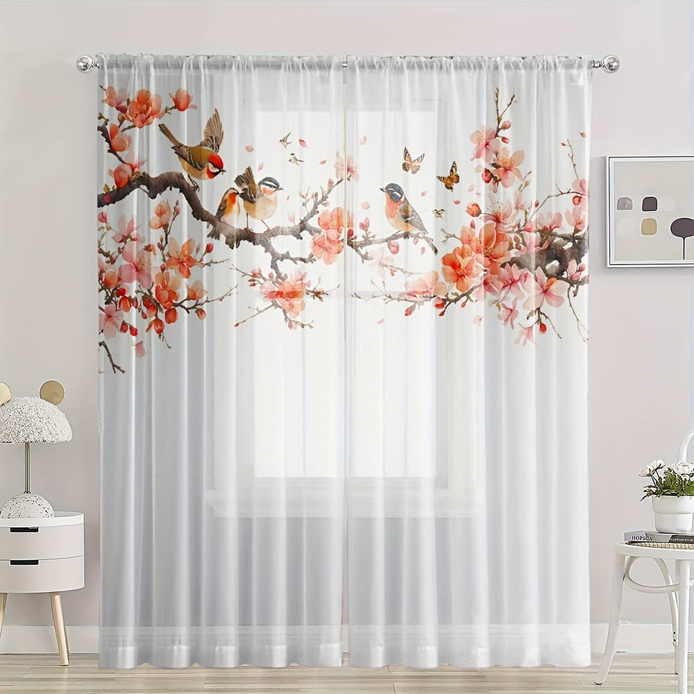 2pcs Plum Blossom Bird Print Semi-sheer Curtains Rod Pocket rative ...