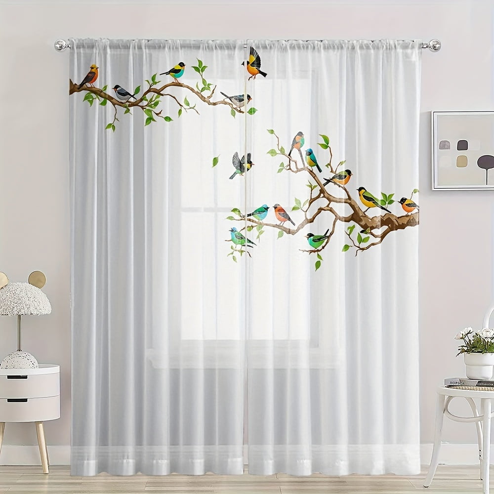2pcs Plum Blossom Bird Print Semi-sheer Curtains Rod Pocket rative ...