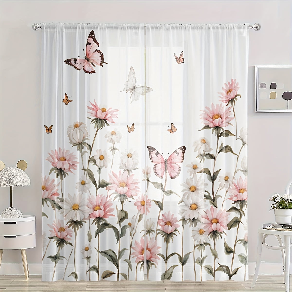 2pcs Plum Blossom Bird Print Semi-sheer Curtains Rod Pocket rative ...