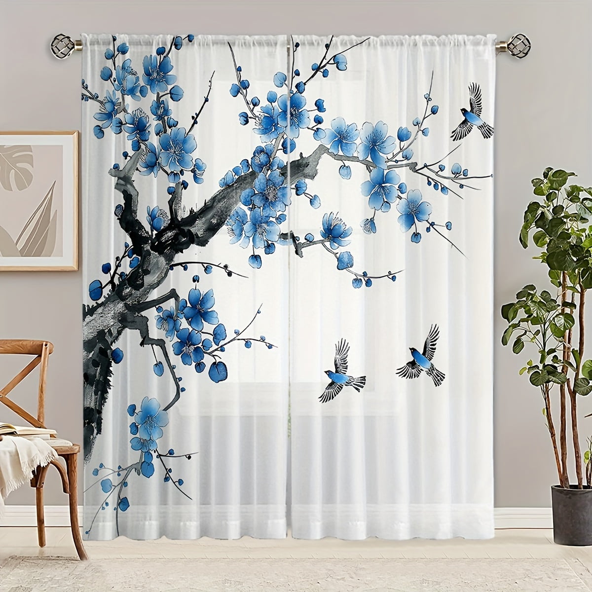 2pcs Plum Blossom Bird Print Semi-sheer Curtains Rod Pocket rative ...