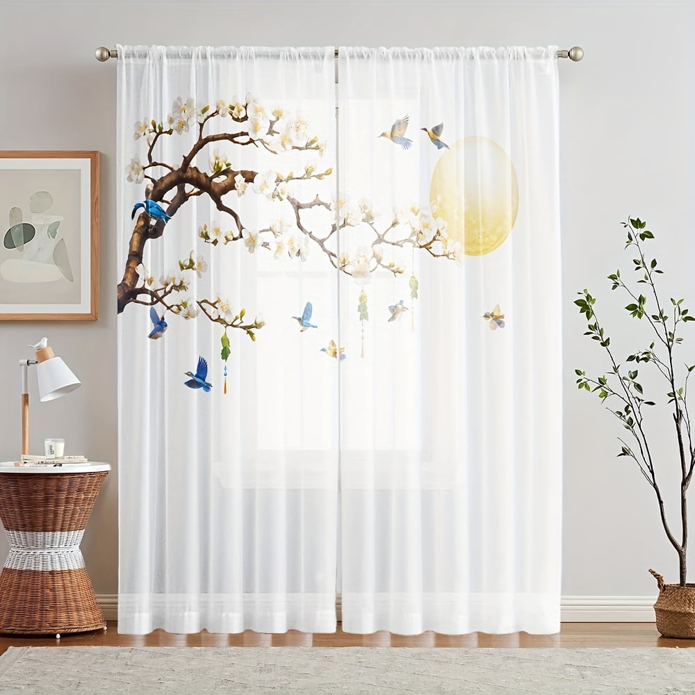 2pcs Plum Blossom Bird Print Semi-sheer Curtains Rod Pocket rative ...