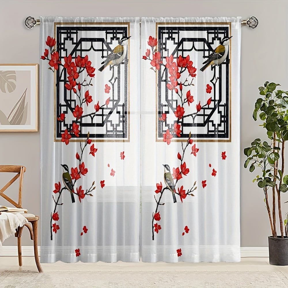2pcs Plum Blossom Bird Print Semi-sheer Curtains Rod Pocket rative ...