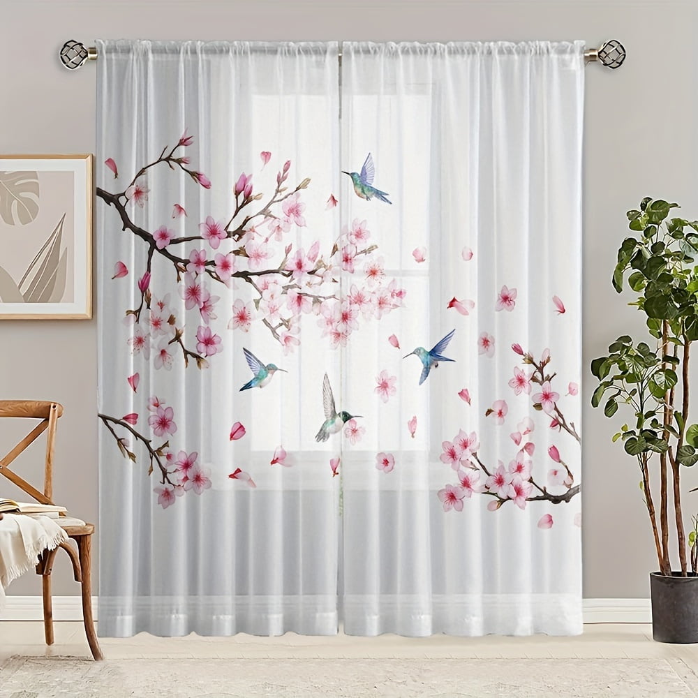 2pcs Plum Blossom Bird Print Semi-sheer Curtains Rod Pocket rative ...