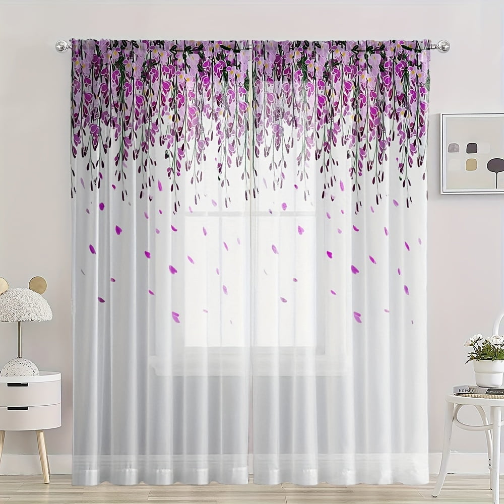2pcs Plum Blossom Pattern Sheer Curtains Rod Pocket Window Drapes ...