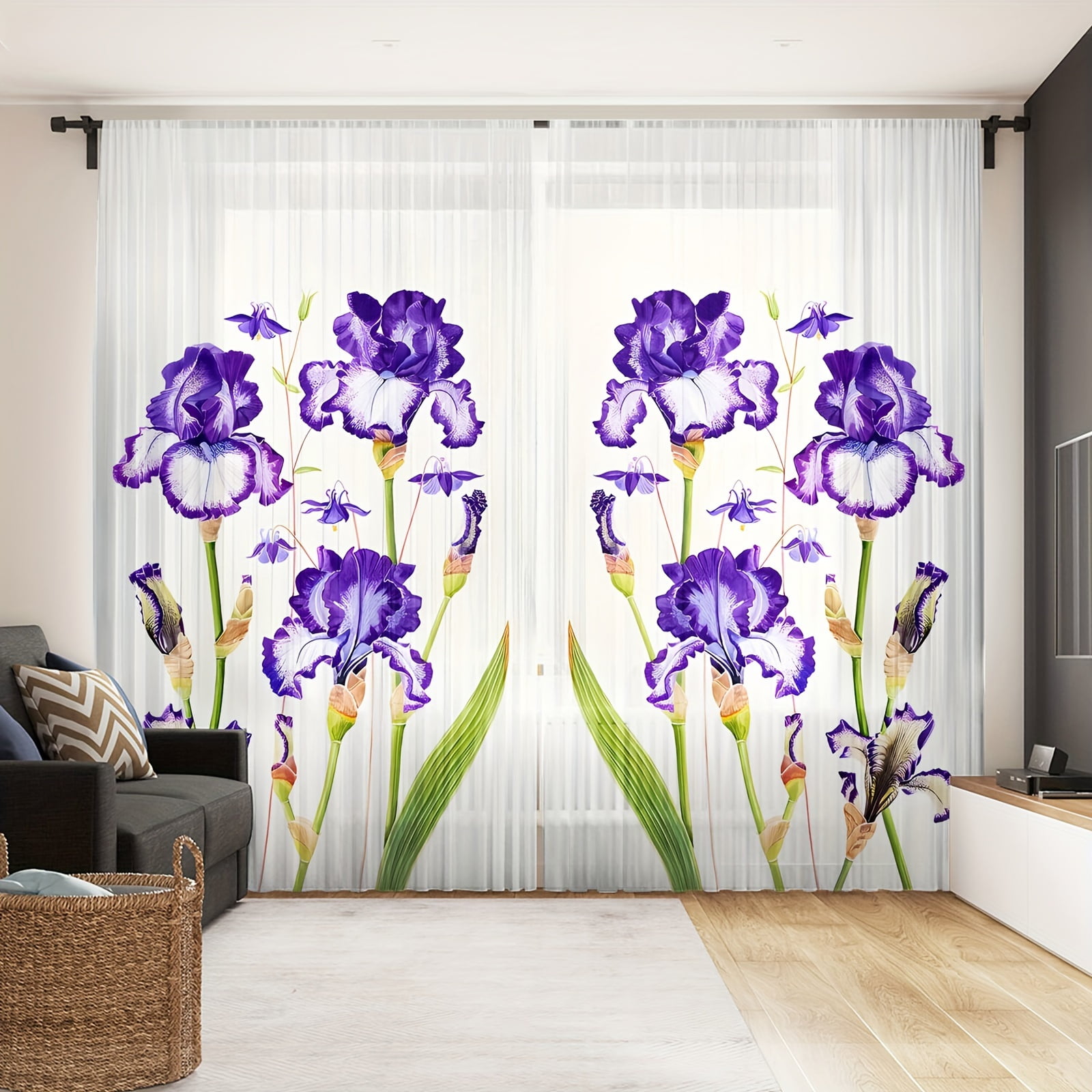 2pcs Plum Blossom Pattern Sheer Curtains Rod Pocket Window Drapes ...