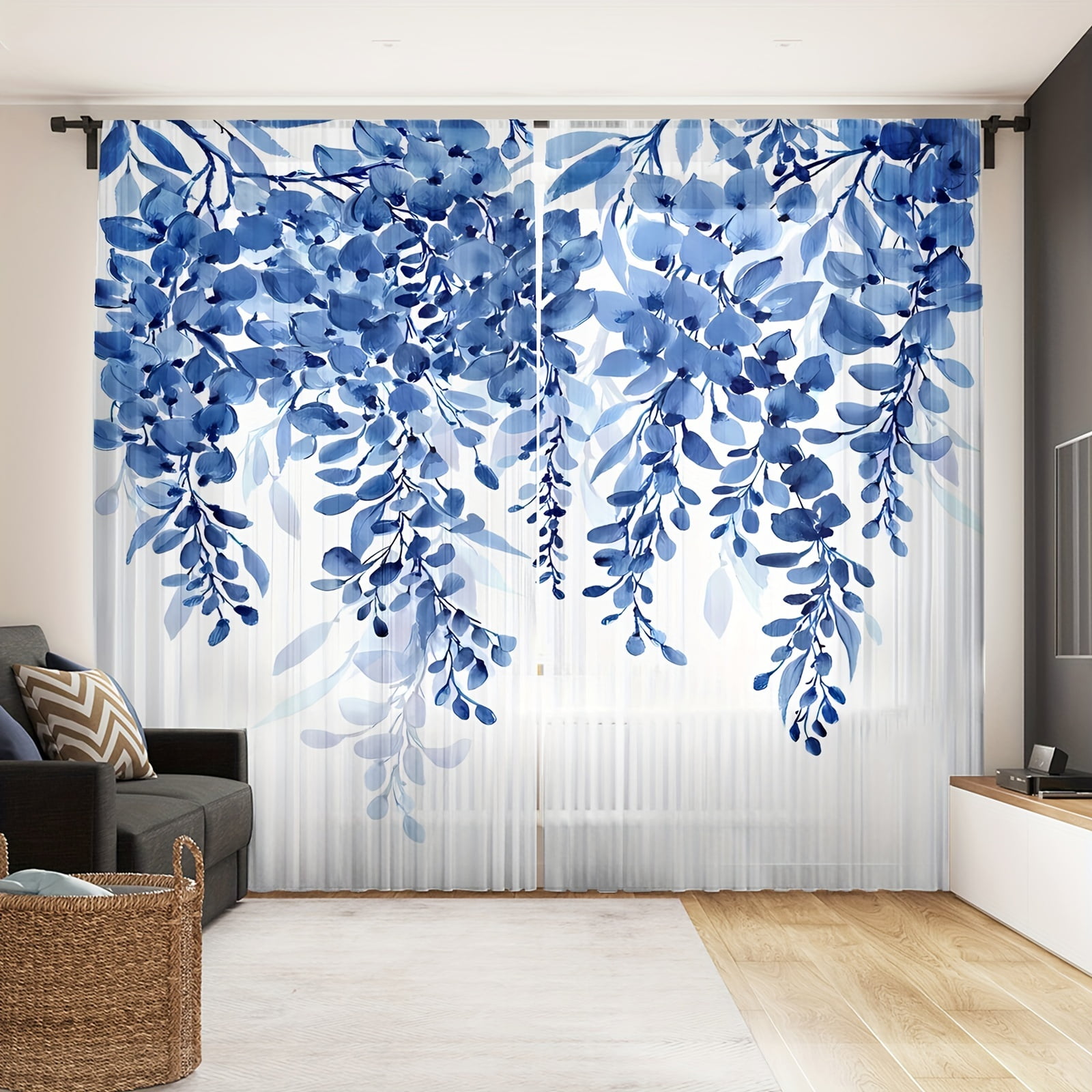 2pcs Plum Blossom Pattern Sheer Curtains Rod Pocket Window Drapes ...