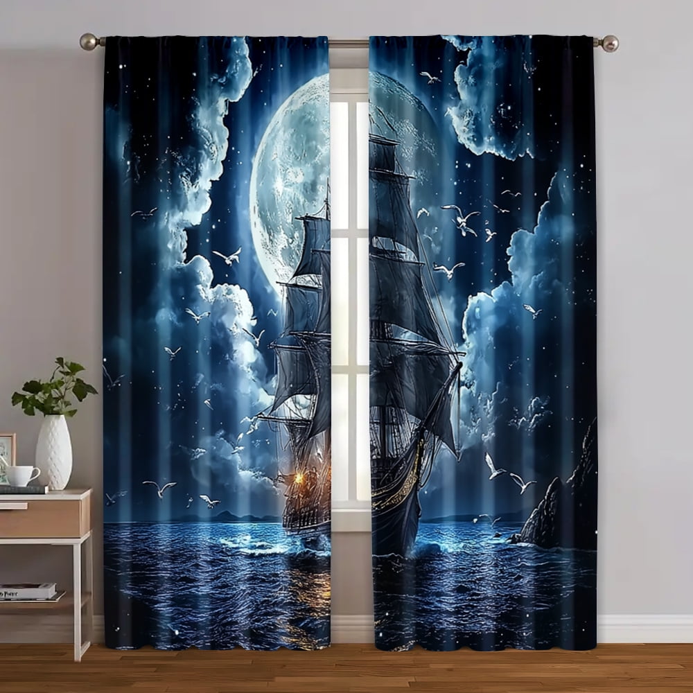 2pcs Popular Curtains Ships sail under the full moon Polyester rations ...