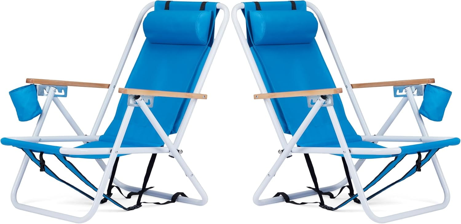 2pcs Portable Backpack Beach Chair, Adjustable Angle with Headrest ...