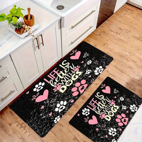 2pcs Premium Flannel Kitchen Rug Set with 'Life is Better with Dogs ...