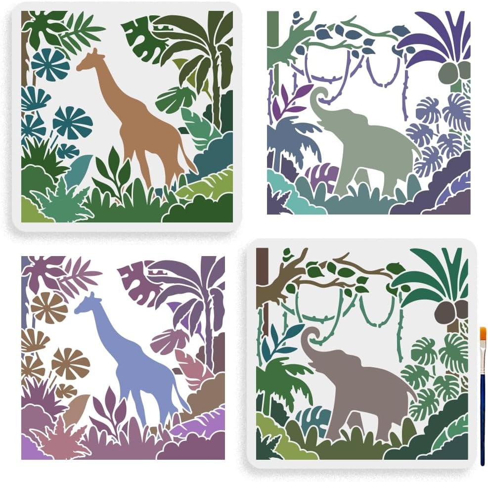 2pcs Rainforest Stencil 11.8×11.8inch Reusable Giraffe Elephant Stencil ...