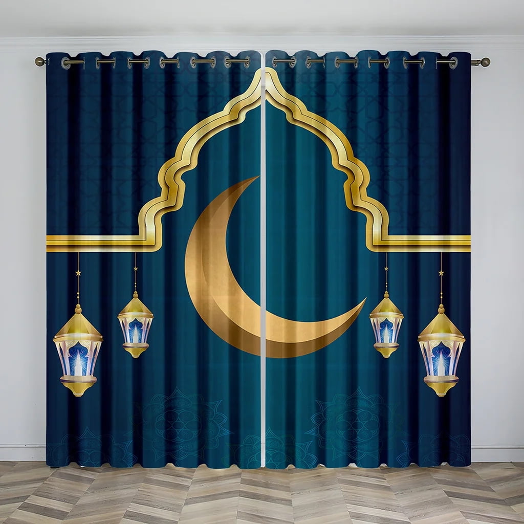 2pcs Ramadan Moon Hanging Light Printed Translucent Curtain Living Room ...