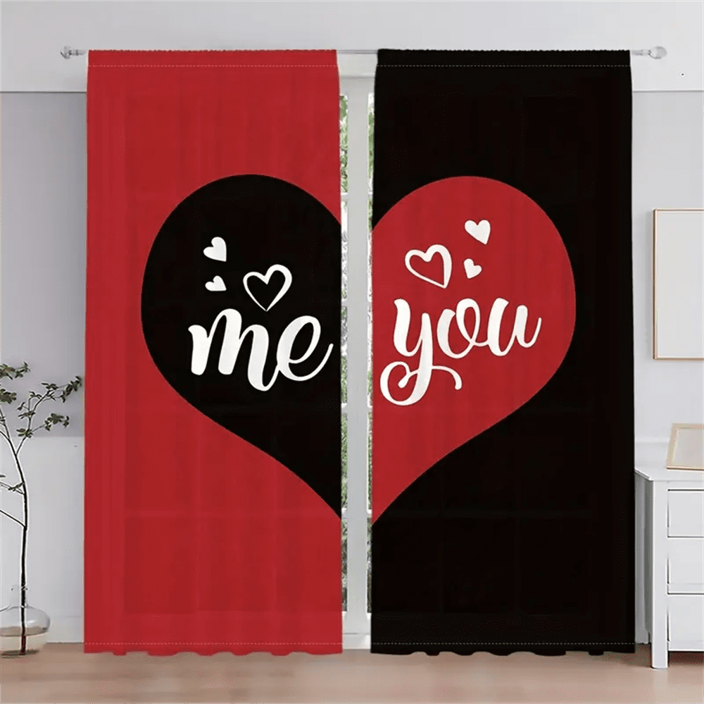 2pcs Red Black Color Blocking Crown Letter Polyester Curtains Fashion ...