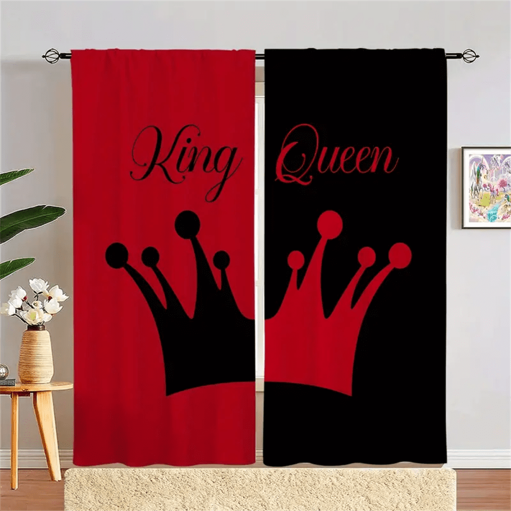 2pcs Red Black Color Blocking Crown Letter Polyester Curtains Fashion ...