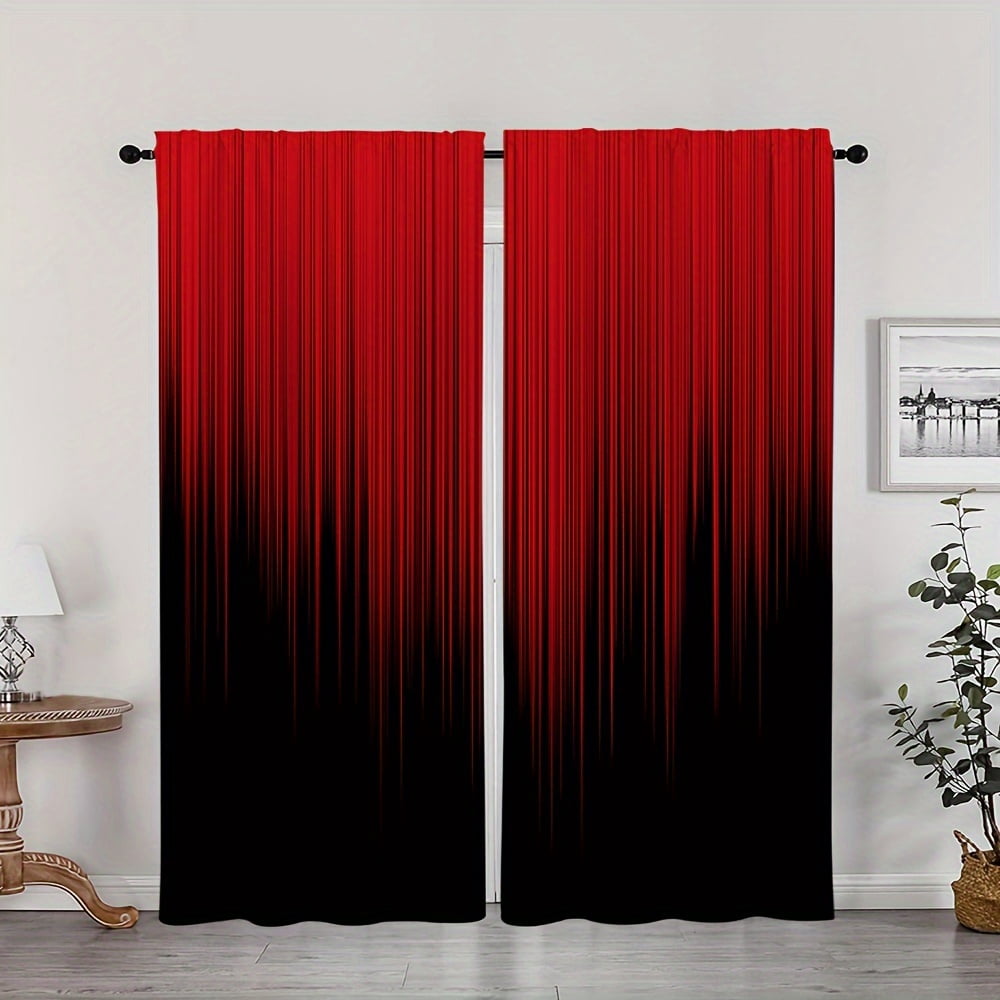 2pcs Red Black Gradient Stripe Design Printed Window Curtain For ...