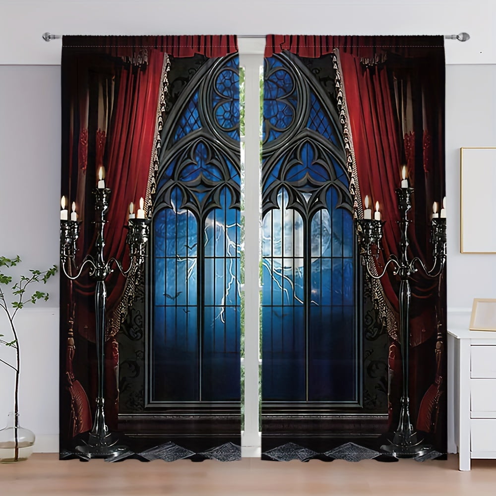 2pcs Red Curtain Night Gothic Castle Rod Pocket Digital Printed ...