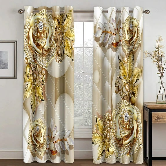 2pcs Red Rose FlowerGold 3D Design Luxury Girl Window Curtains for ...