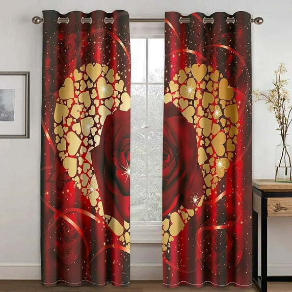 2pcs Red Rose FlowerGold 3D Design Luxury Girl Window Curtains for ...