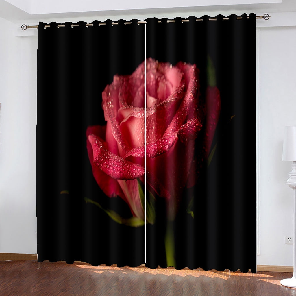2pcs Red Rose Printed Curtains Rod Pocket Window Treatment For Living ...