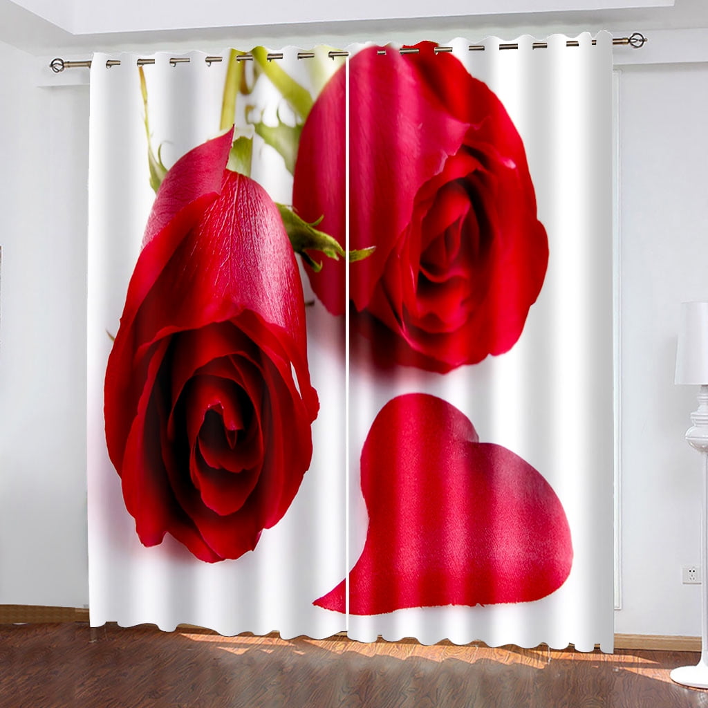 2pcs Red Rose Printed Curtains Rod Pocket Window Treatment For Living ...