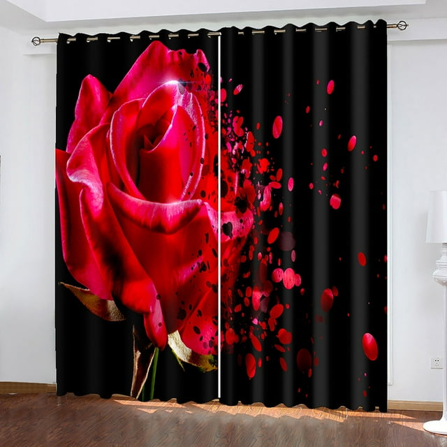 2pcs Red Rose Printed Curtains Rod Pocket Window Treatment For Living ...