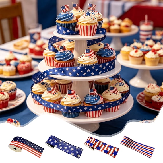 2pcs Red White Blue Wired Patriotic Ribbon for 4Th Of July, Bendable ...