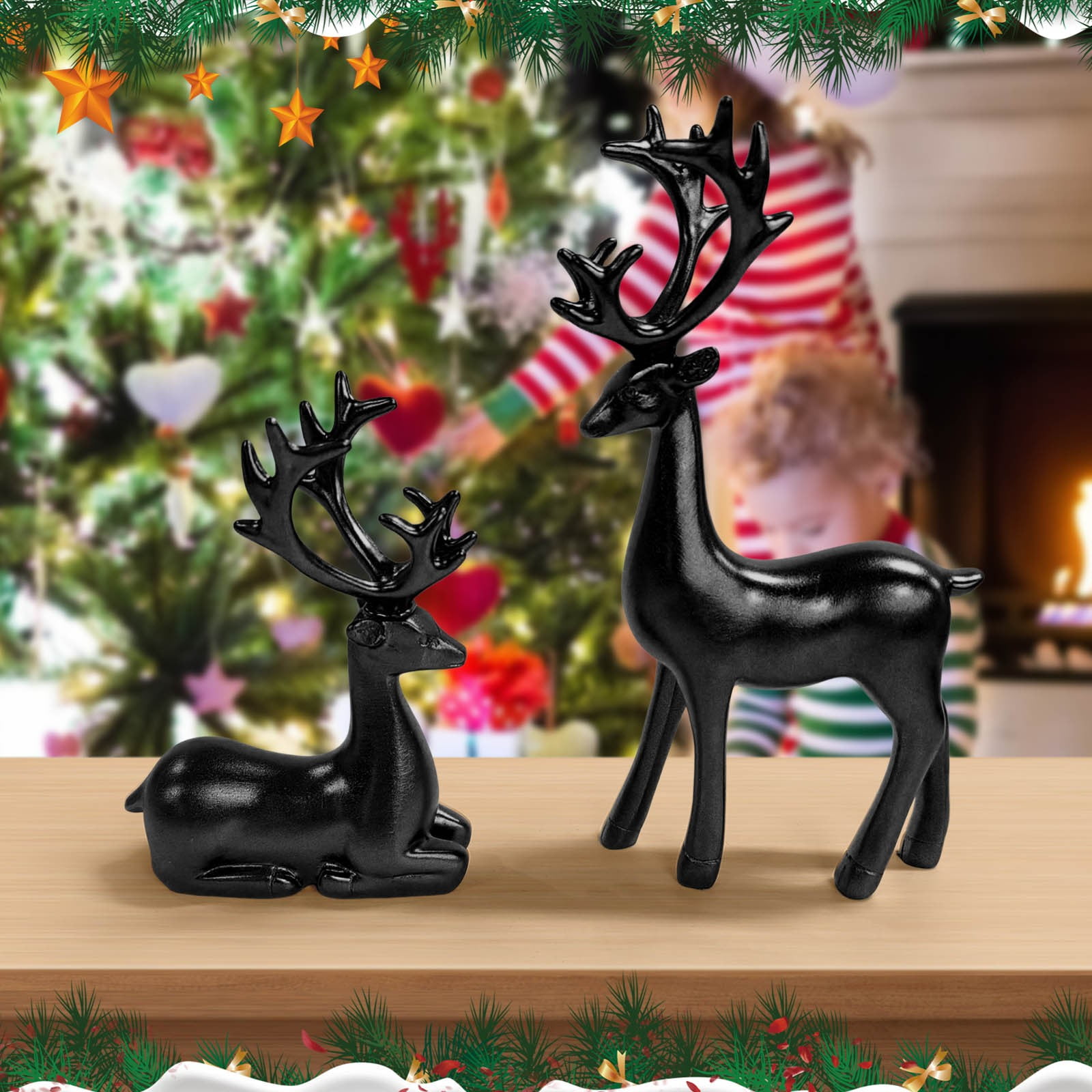 Black Christmas Reindeer Figurine, 2pcs Couple Deer Sculptures Mini ...