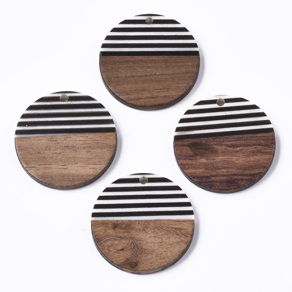 2pcs Resin & Walnut Wood Pendants Opaque. Waxed. Flat Round Black 28 ...