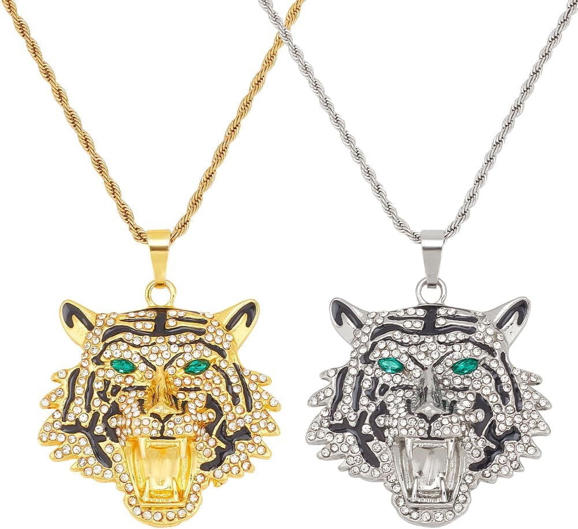 2pcs Roaring Tiger Head Necklace with Green Eyes Pendant Punk Rock ...