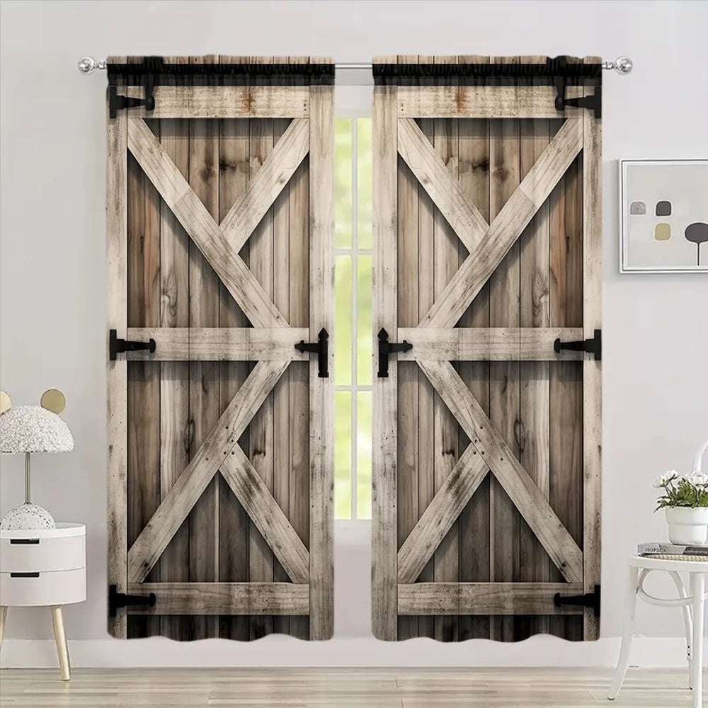 2pcs Rustic Wooden Barn Door FarmHouse Pattern Curtains Window Treatment for Bedroom Office ...