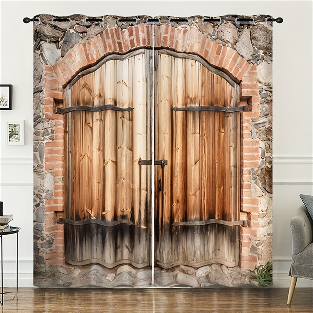 2pcs Rustic Wooden Barn Door FarmHouse Pattern Curtains Window ...