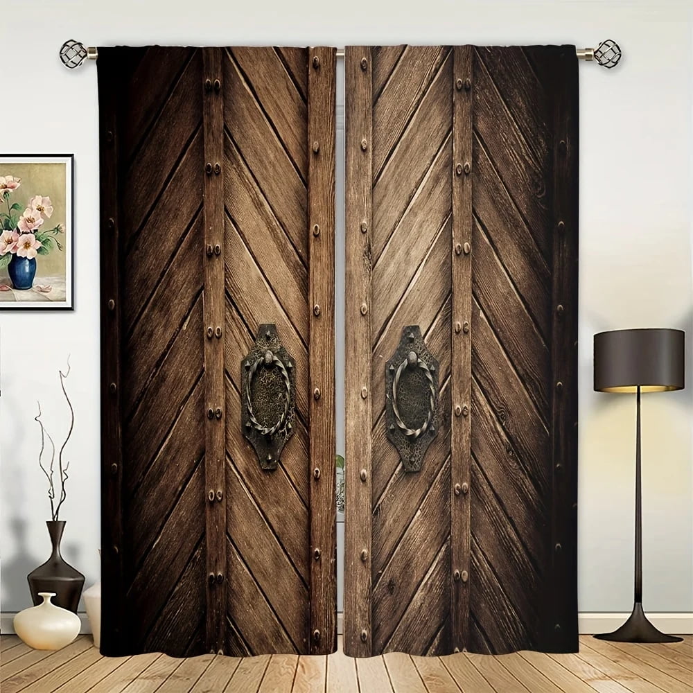 2pcs Rustic Wooden Door Pattern Curtain for Home ration - Perfect for ...