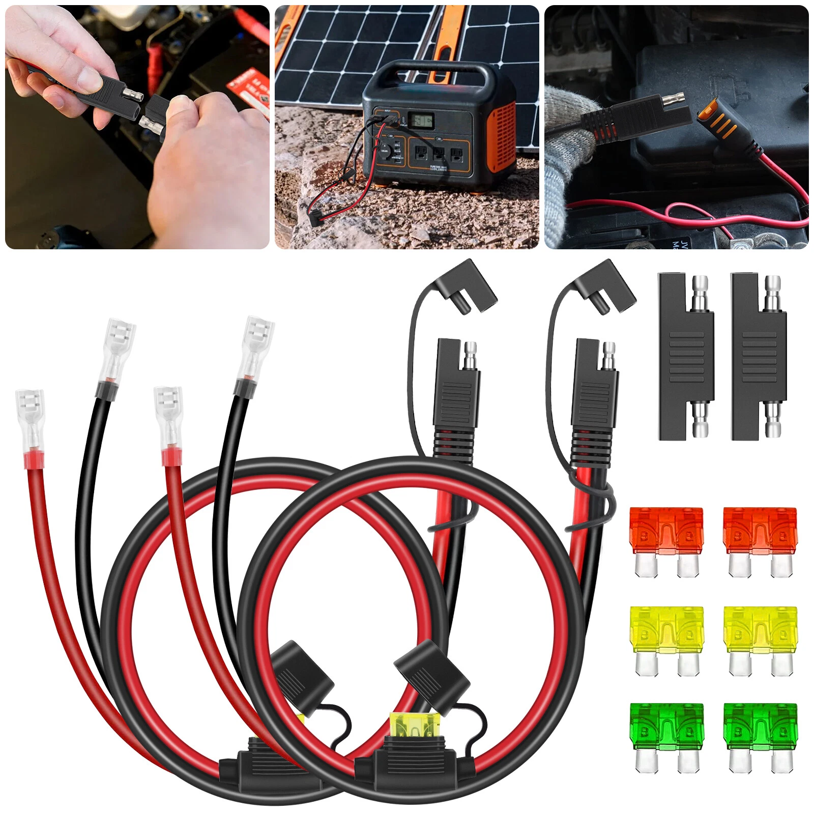 2pcs SAE Connector Plug to F2 Spade Terminals Cable w/ 6 Fuses 10 AWG ...