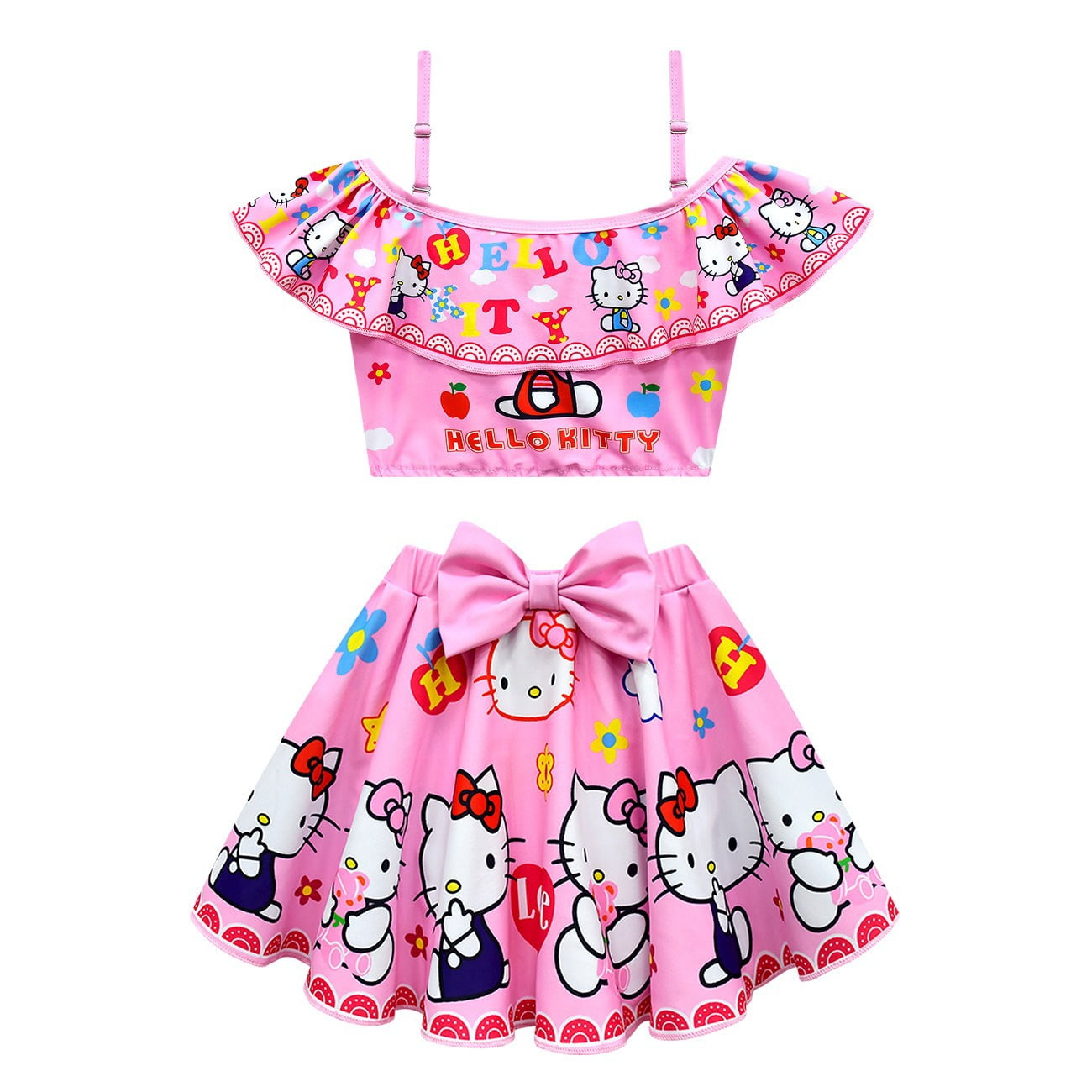 2pcs Sanrio Beach Swimsuit Hello Kitty Sling skirt Cartoon printing Set Princess Style swimsuit ...