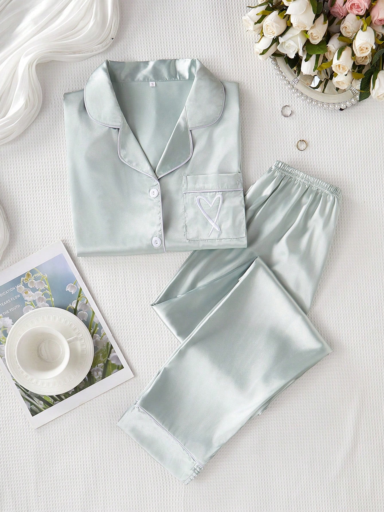 2pcs Satin Texture Heart Embroidery Short Sleeve Top And Pants Pajama ...