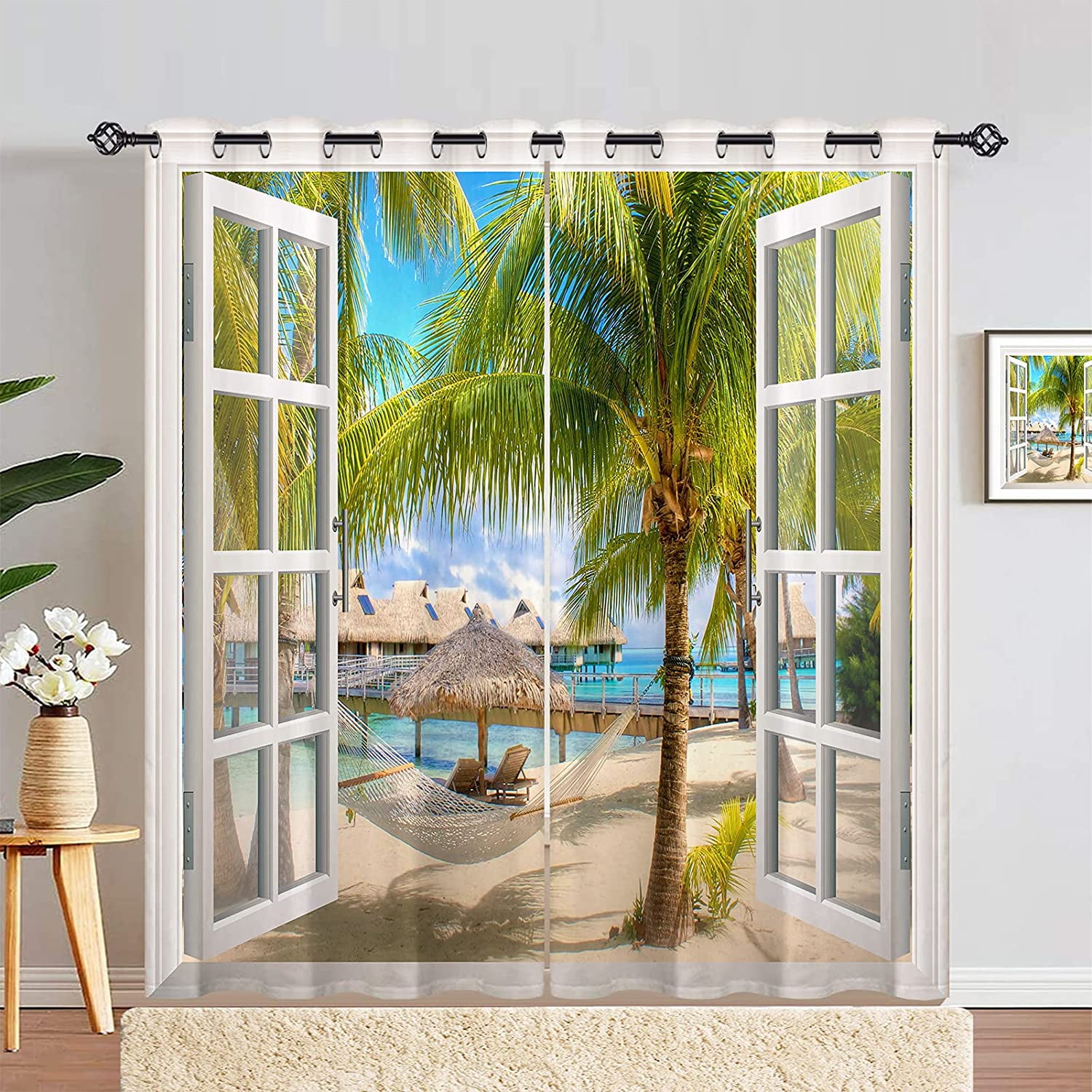 2pcs Sea Balcony Architectural Landscape Semi-shading Print Curtain For ...