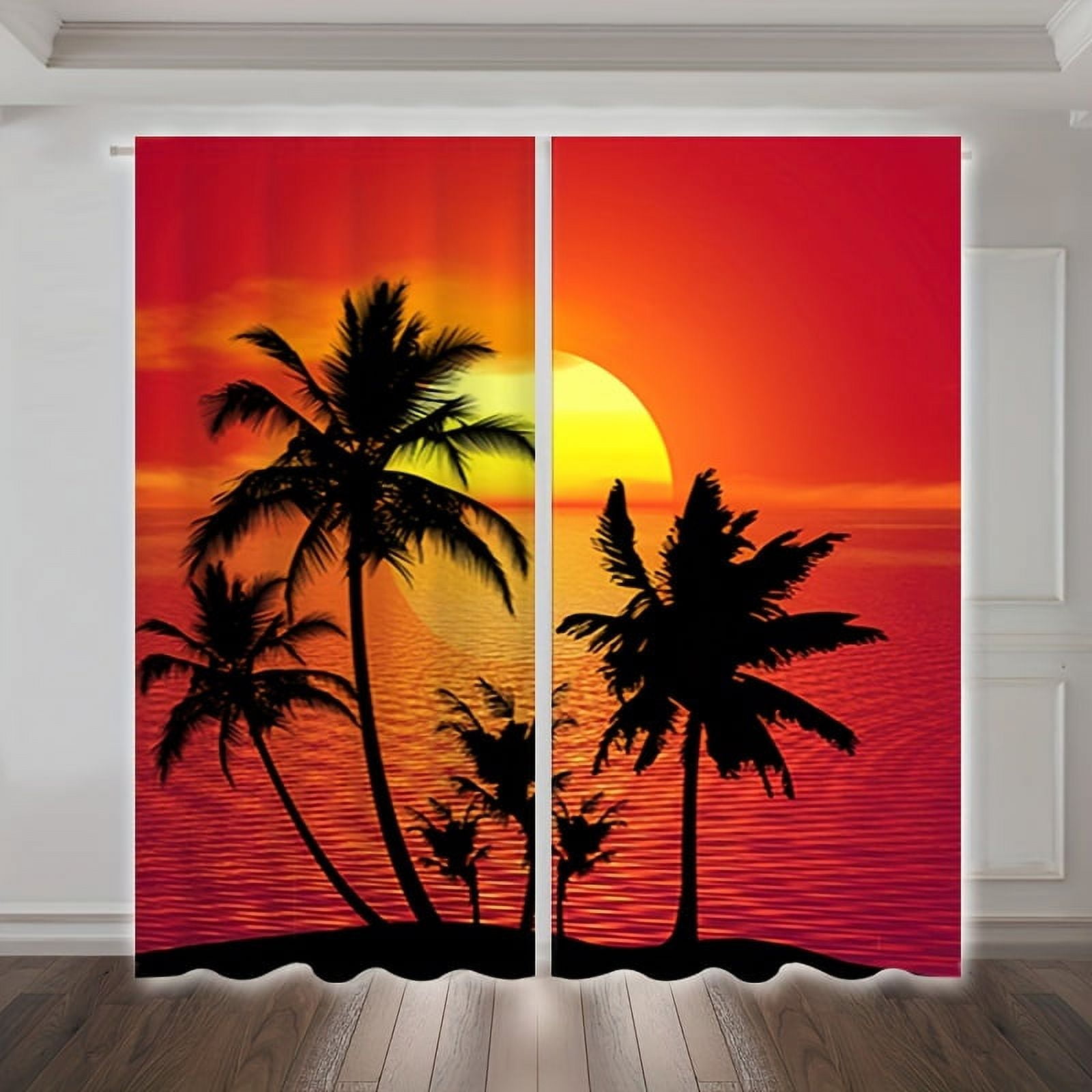 2pcs Seaside Building Pattern Printed Translucent Curtain Living Room ...