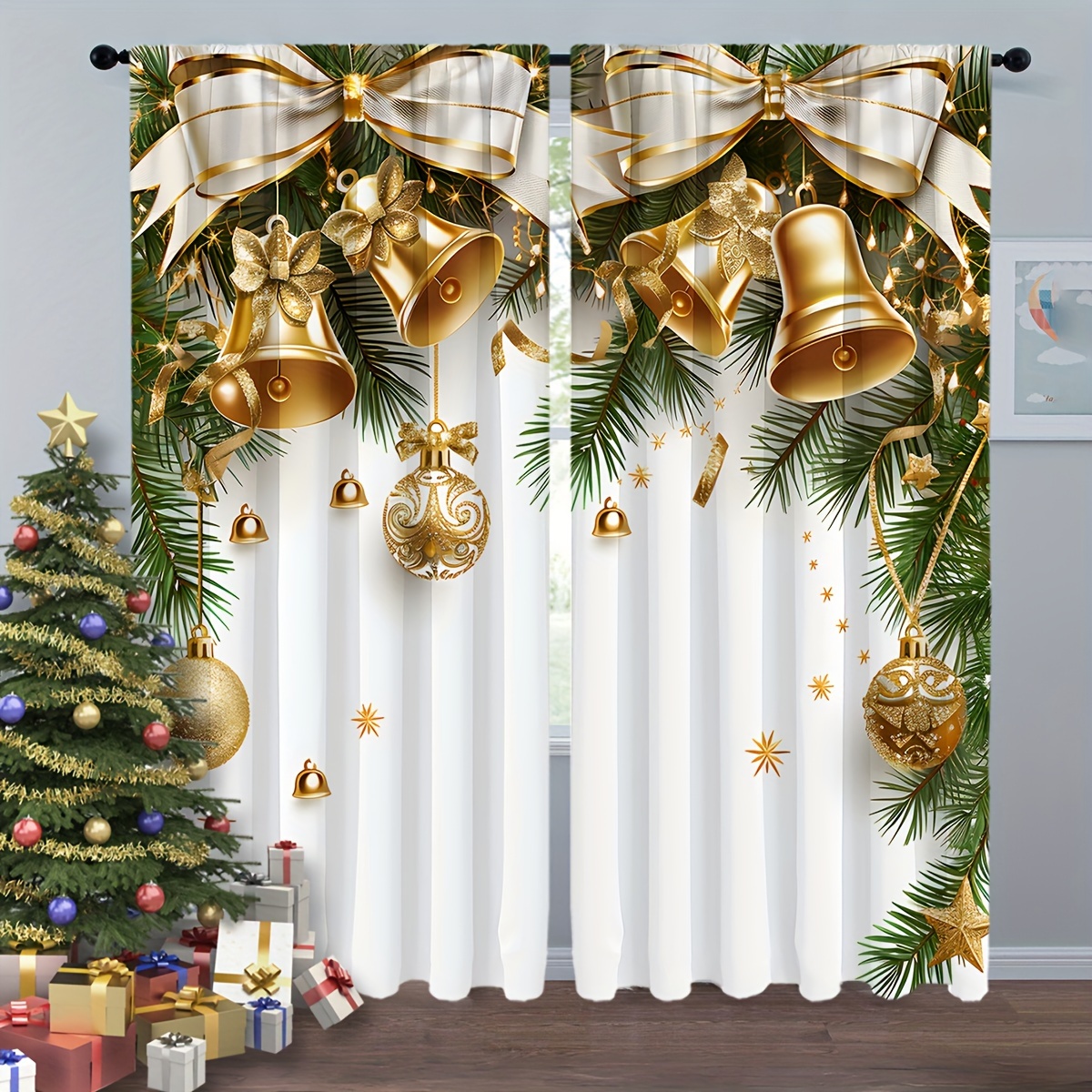 2pcs Set Bell Ornament Print Curtains Modern Art r Style Polyester Rod ...