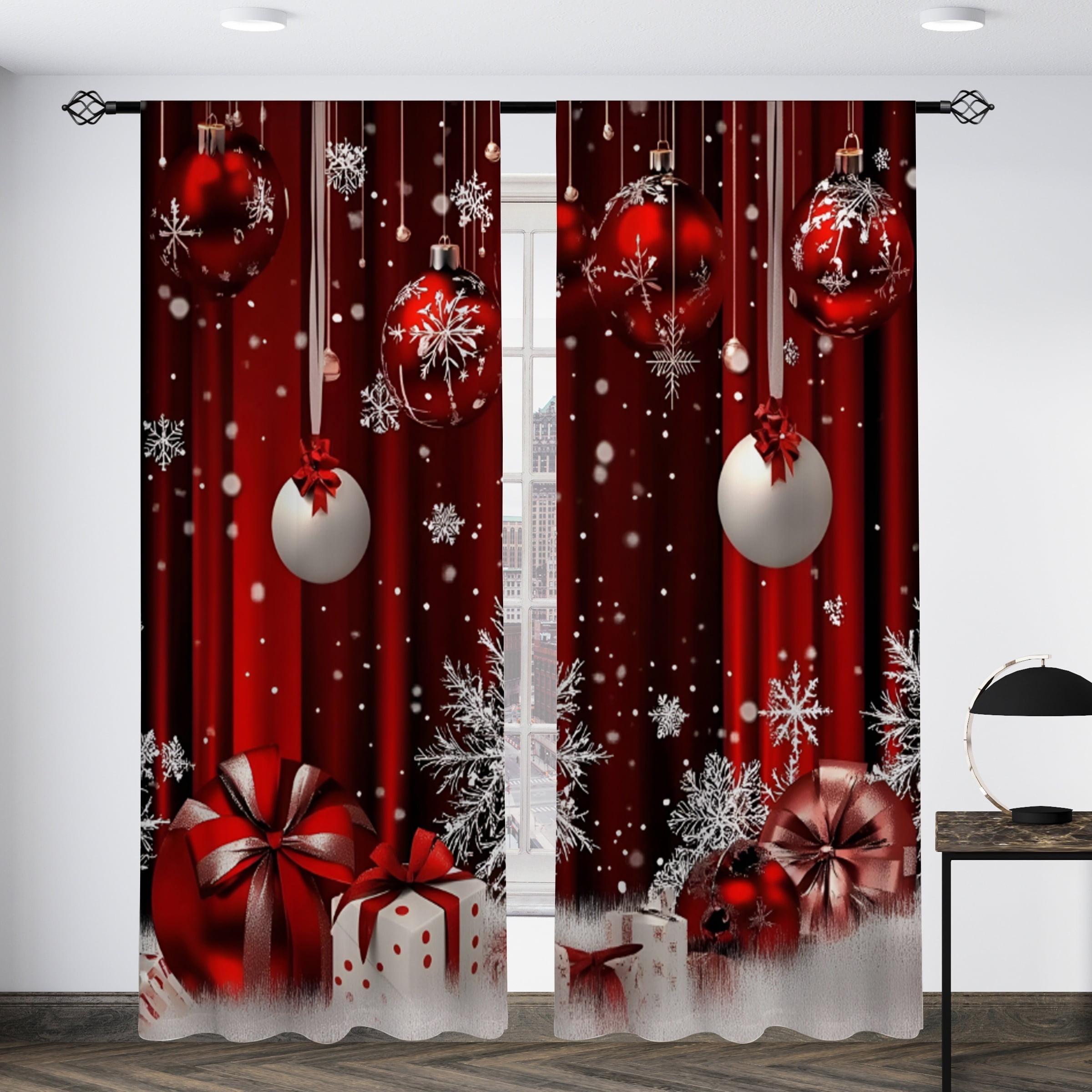 2pcs Set Bell Ornament Print Curtains Modern Art r Style Polyester Rod ...