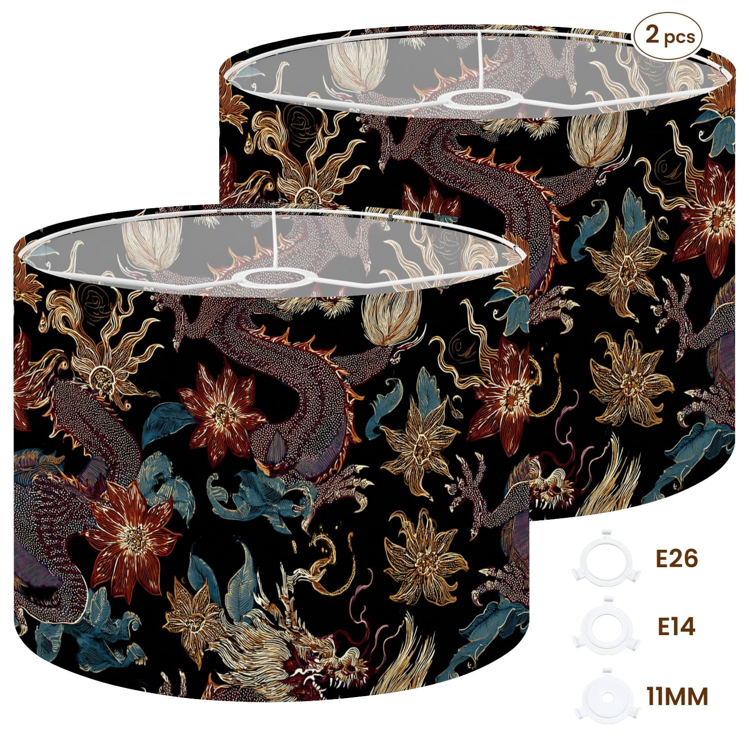 2pcs Set Drum Lampshades (13"x 13"x 10"), Embroidery dragons flowers ...
