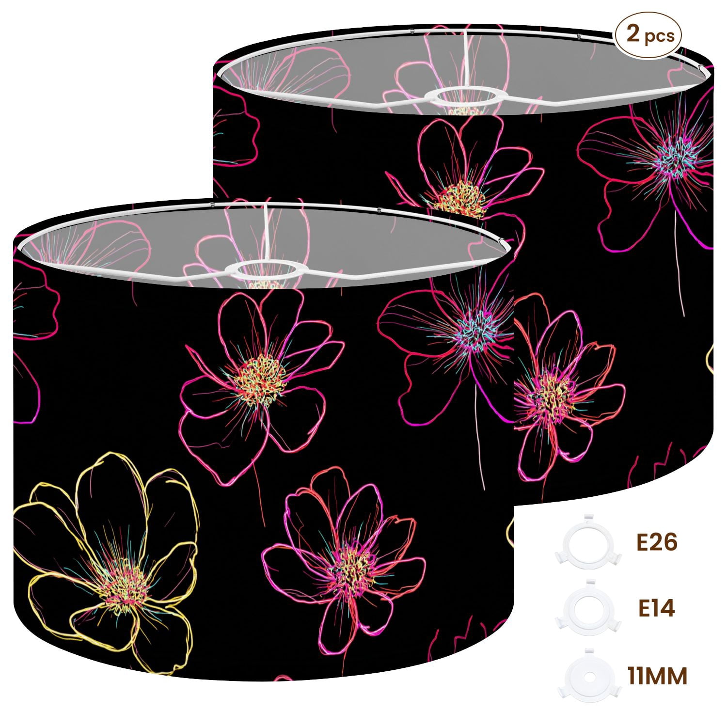 2pcs Set Drum Lampshades (13"x 13"x 10"), Neon Floral Outline Design ...