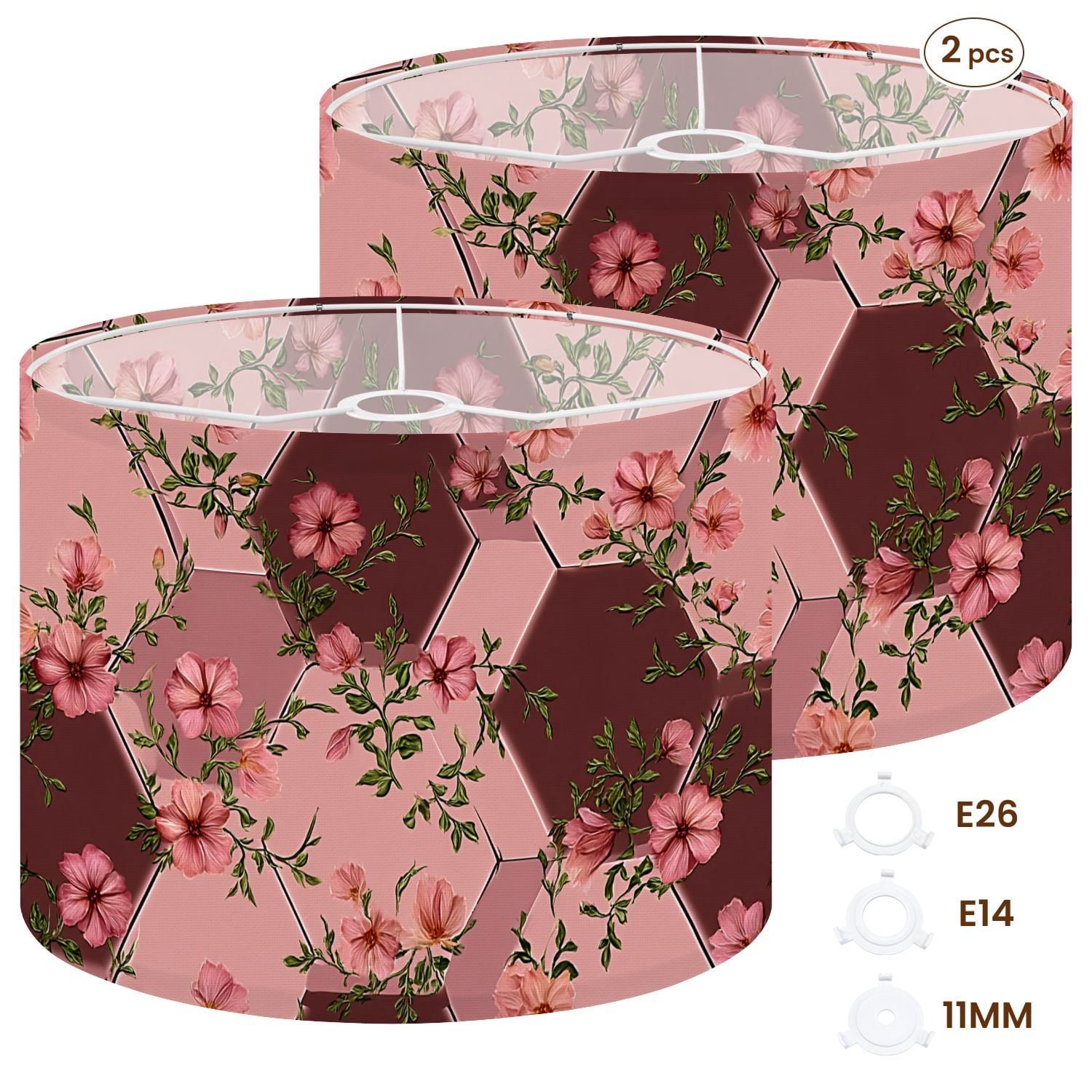 2pcs Set Drum Lampshades (13"x 13"x 10"), Pink Hibiscus Flowers ...
