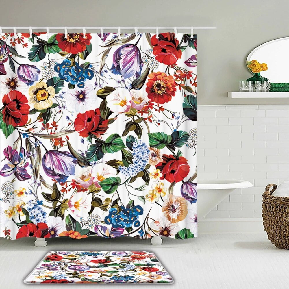 2pcs Set Flower Bird Plant Leaves Shower Curtains Set Bathroom Curtain