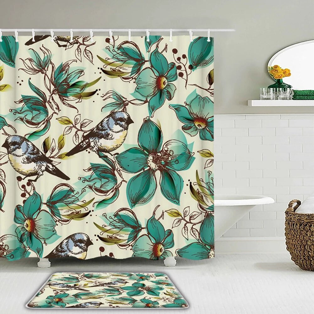 2pcs Set Flower Bird Plant Leaves Shower Curtains Set Bathroom Curtain