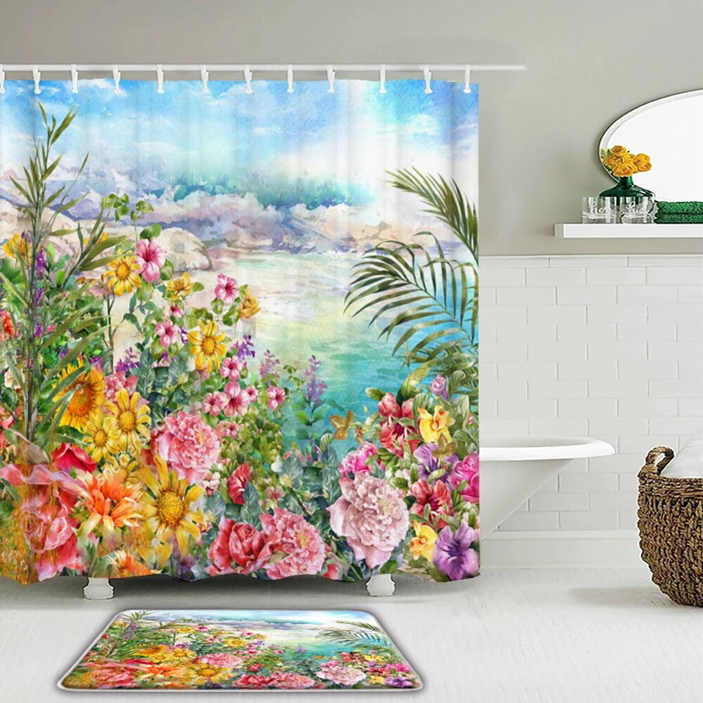 2pcs Set Flower Bird Plant Leaves Shower Curtains Set Bathroom Curtain