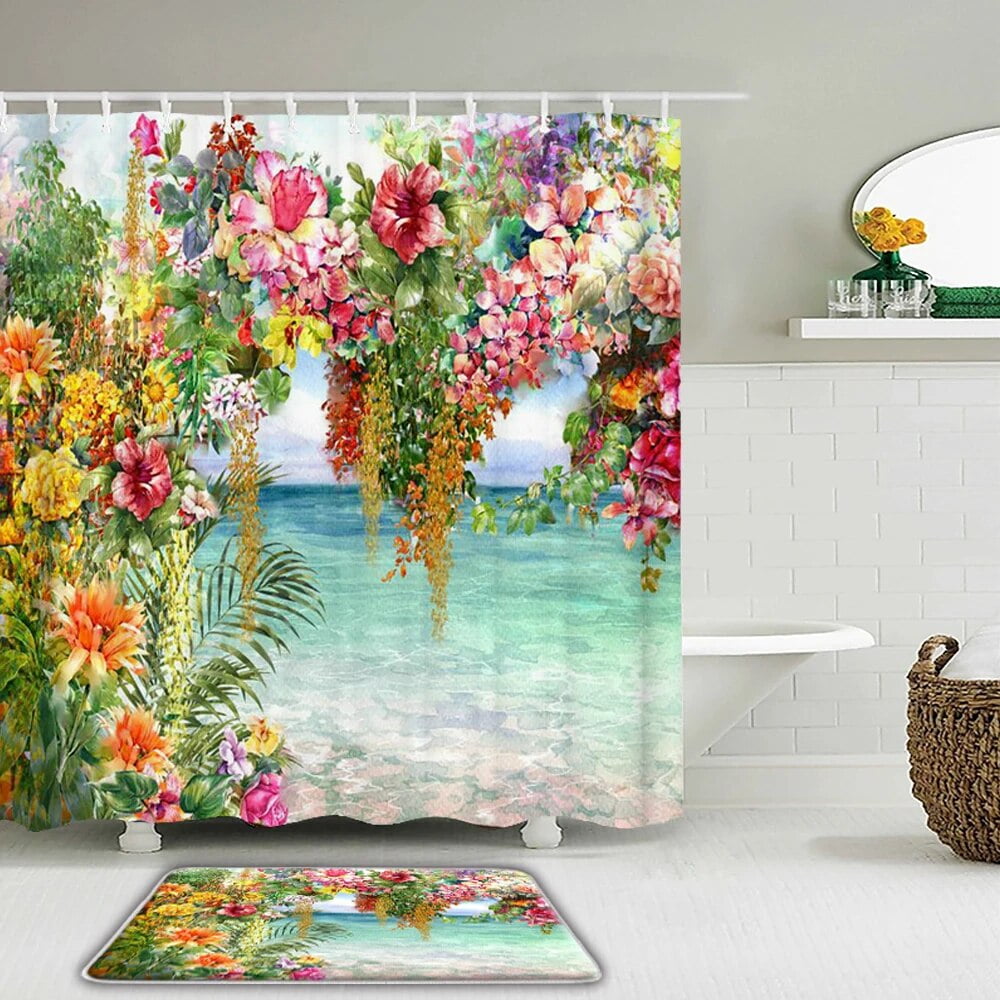 2pcs Set Flower Bird Plant Leaves Shower Curtains Set Bathroom Curtain