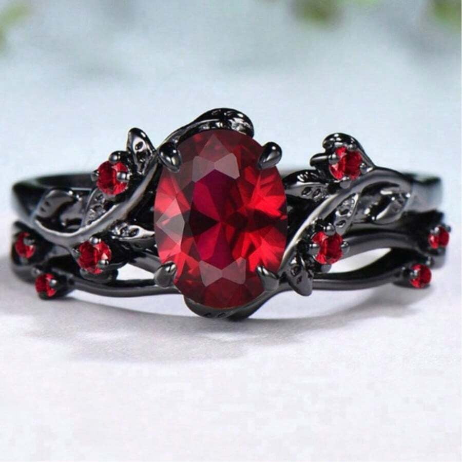 2pcs/Set Gothic Black Metal Red Gemstone Ring Set, Oval Center Stone ...