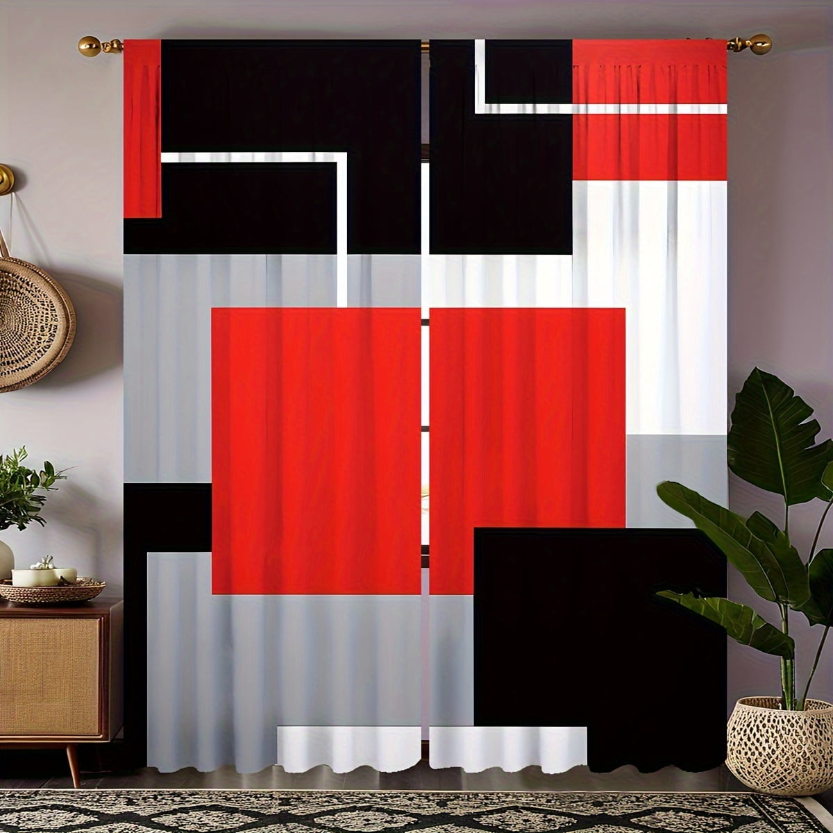 2pcs Set Modern Geometric Curtains Black & White Rod Pocket Design for ...