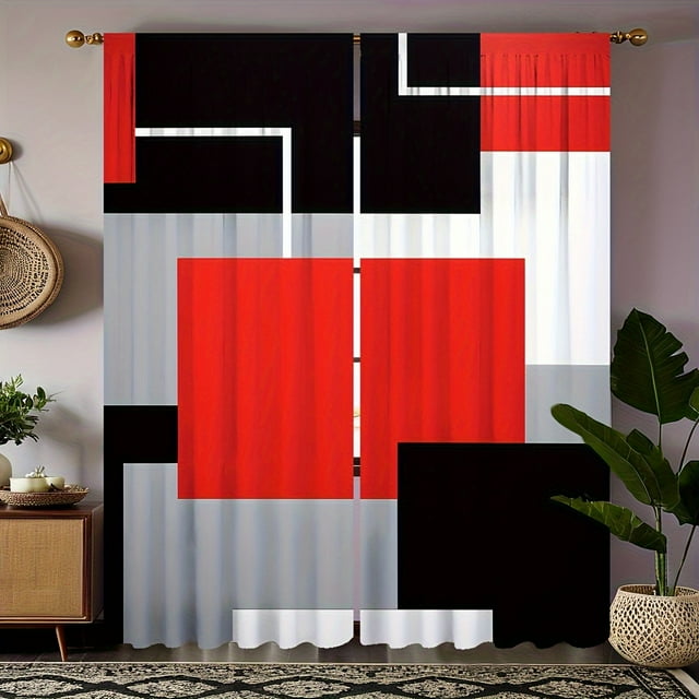2pcs Set Modern Geometric Curtains Black & White Rod Pocket Design for Easy Hanging for Living ...