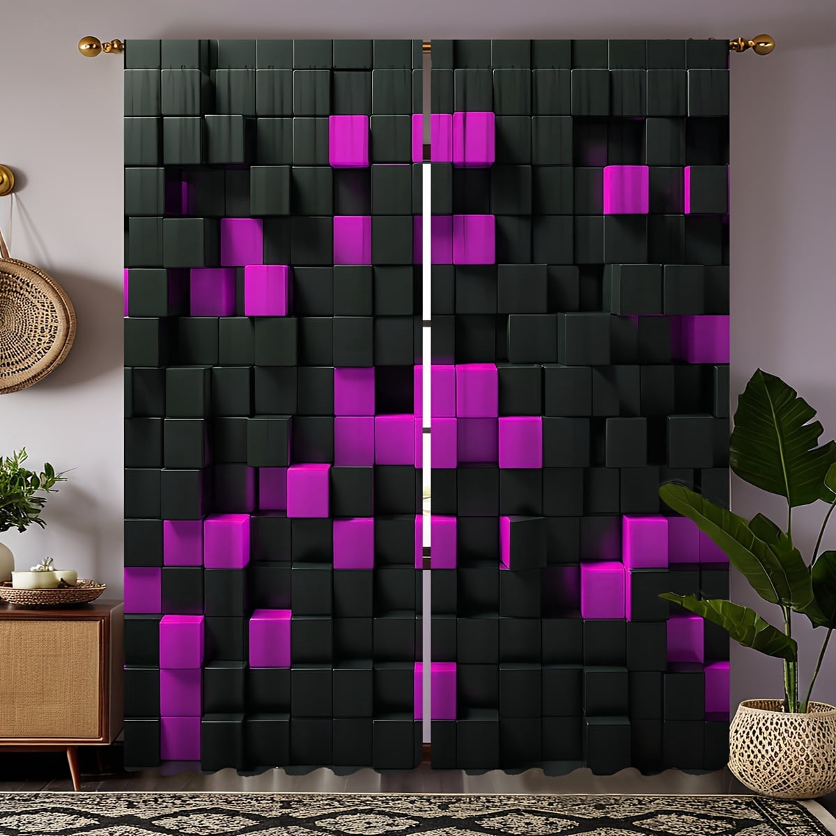 2pcs Set Modern Geometric Curtains Black & White Rod Pocket Design for ...